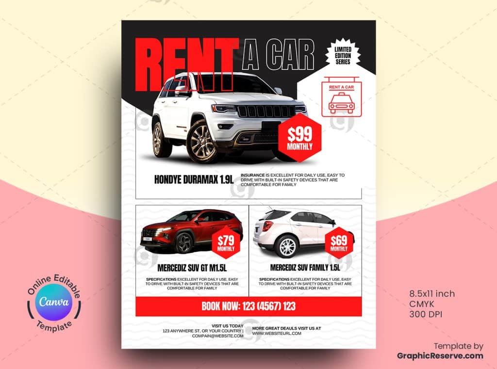 Rent a Car Flyer 3 in 1 Bundle Canva Template